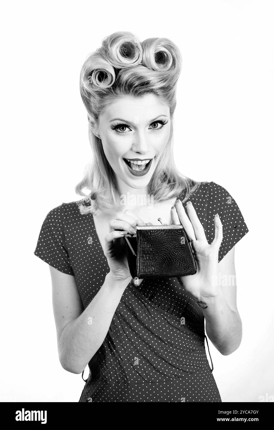 Savings concept. Retro pinup woman money saving in moneybox. Pin up ...