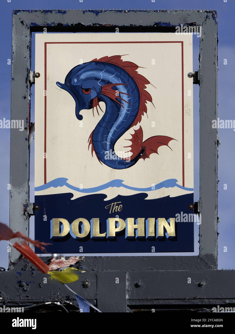 Traditional hanging pub sign at The Dolphin Inn - public house - Rock-a ...