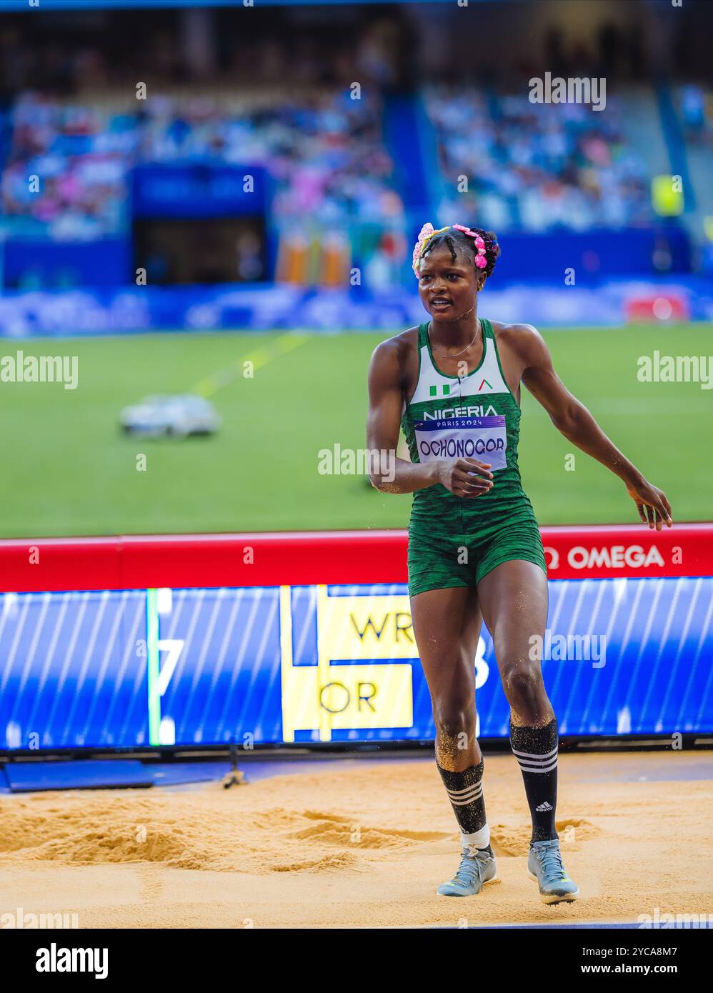 Prestina Oluchi Ochonogor participating in the long jump at the Paris ...