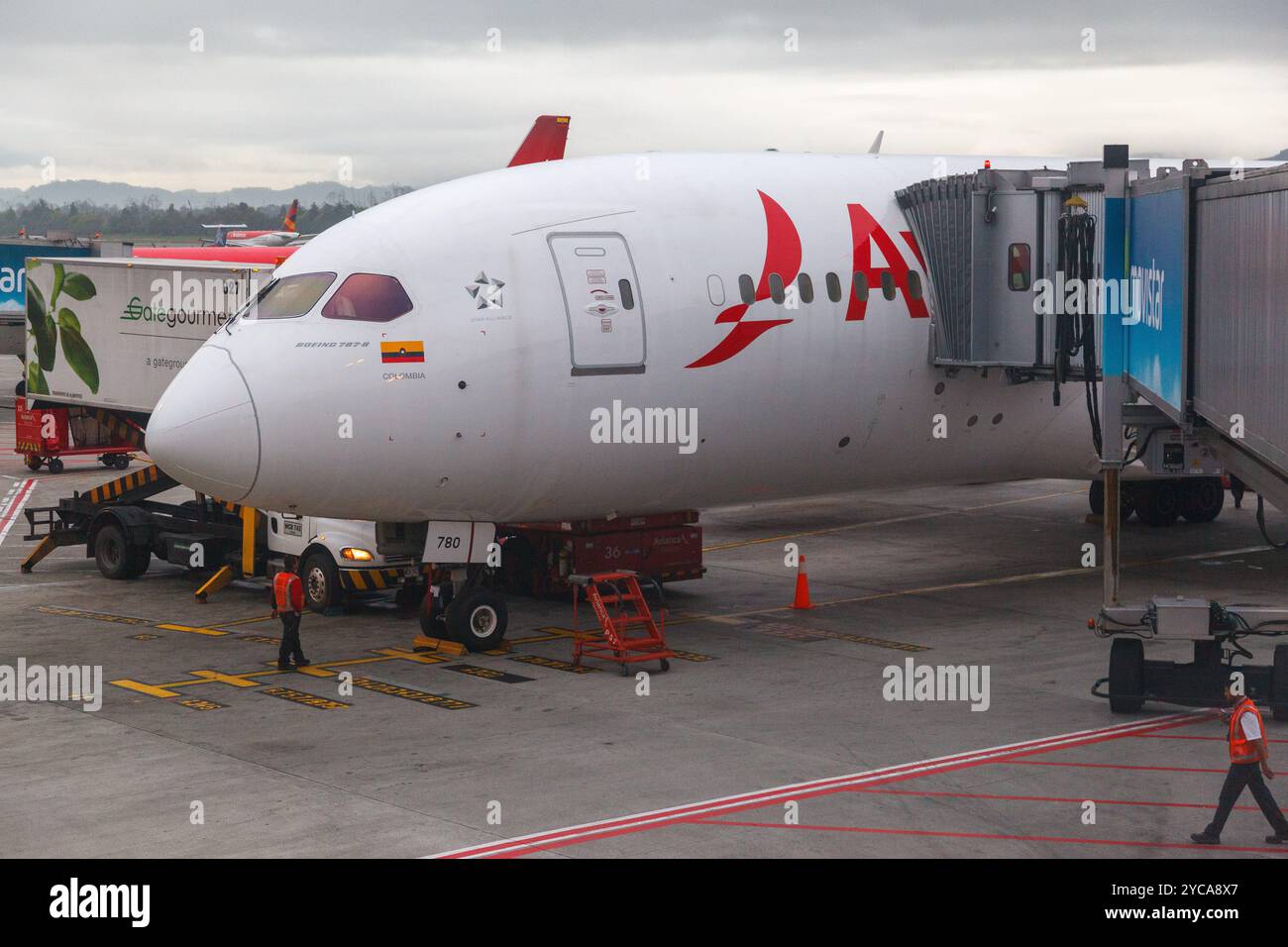 A Jet engine commercial airplane parked in Bogota international airport ...