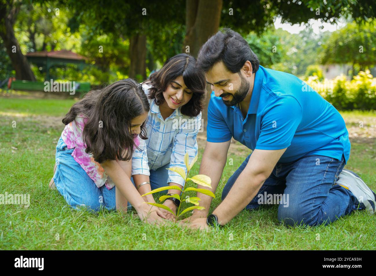 happy young indian family planting tree. concept of environmental ...
