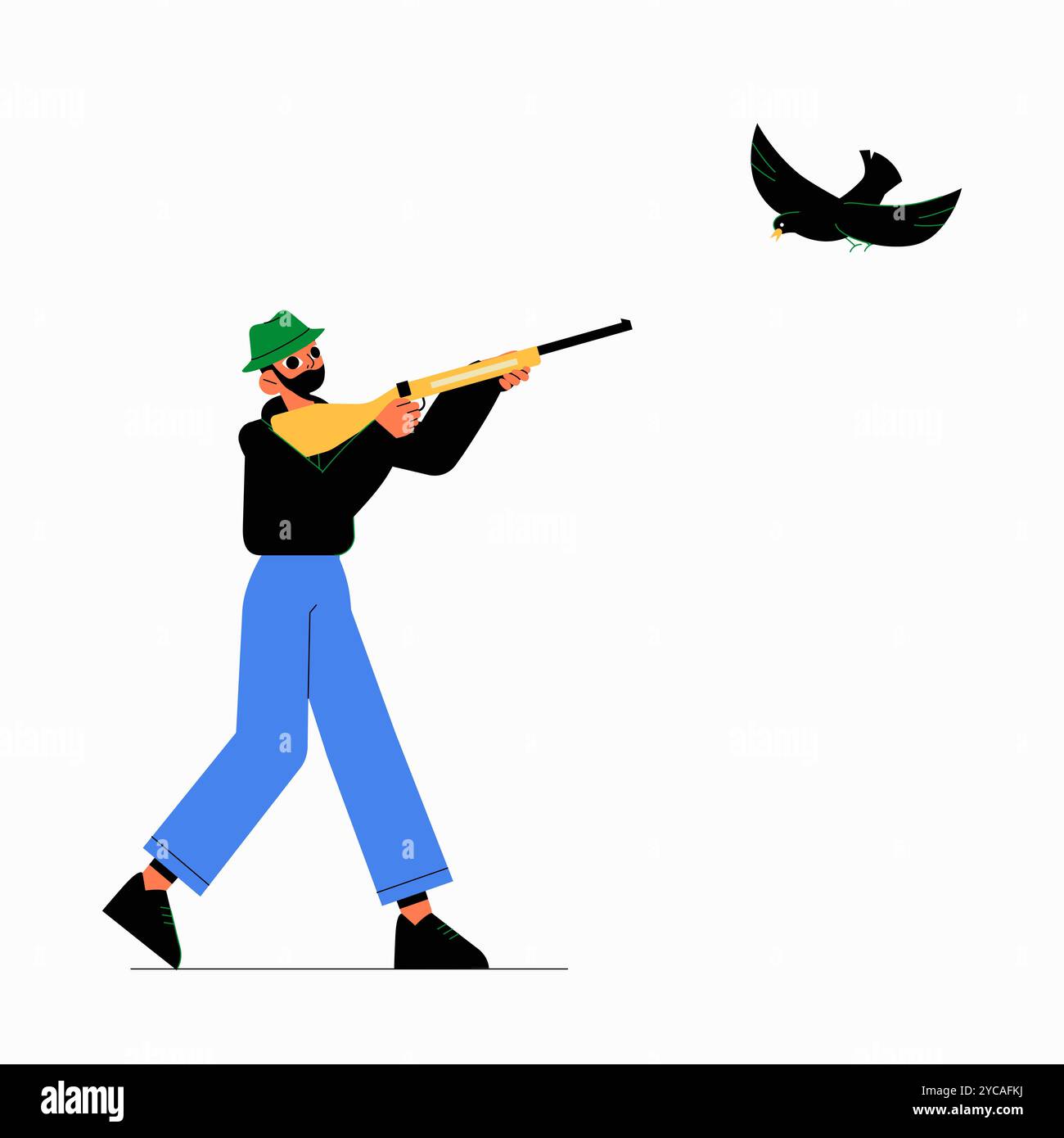 Male Hunter Aiming At Bird In Flat Vector Illustration Symbolizing ...