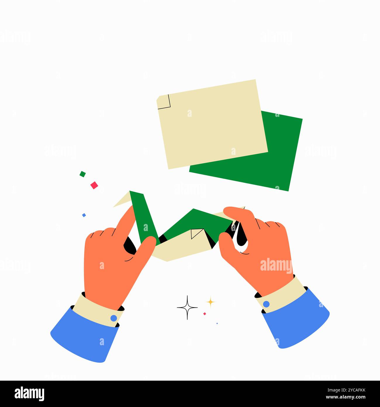 Hands Opening Envelope With Green Paper In Flat Vector Illustration ...