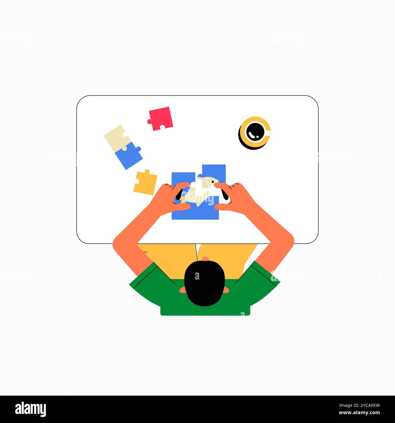 Top View Of Man Solving Puzzle With Coffee In Flat Vector Illustration ...