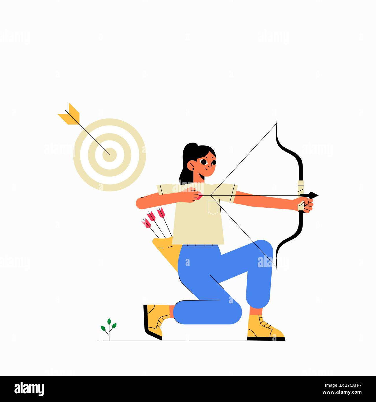 Female Archer Aiming Bow At Target In Flat Vector Illustration Symbolizing Archery, Strength ...