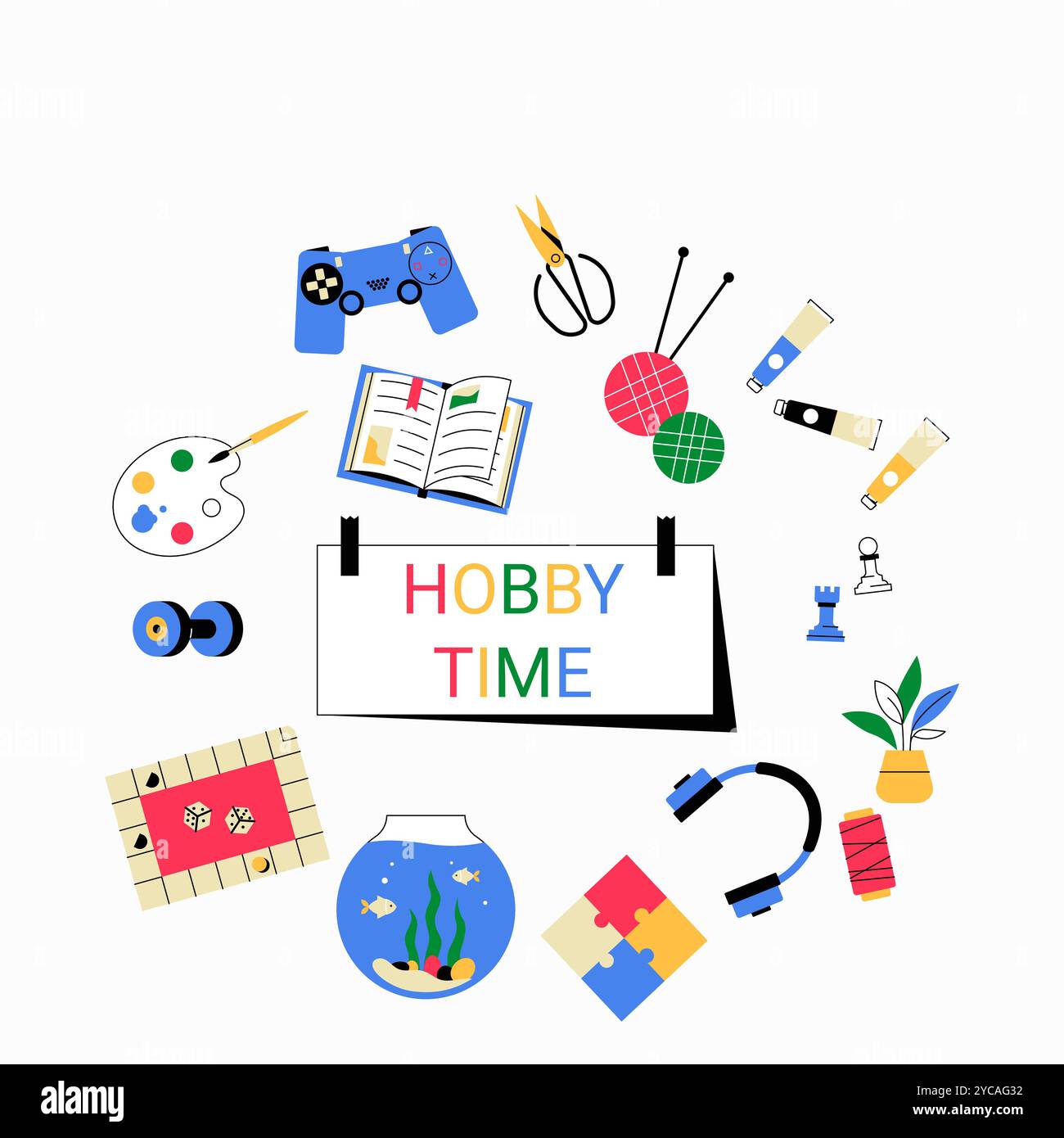 Hobby Time Sign With Various Creative And Leisure Items In Flat Vector ...