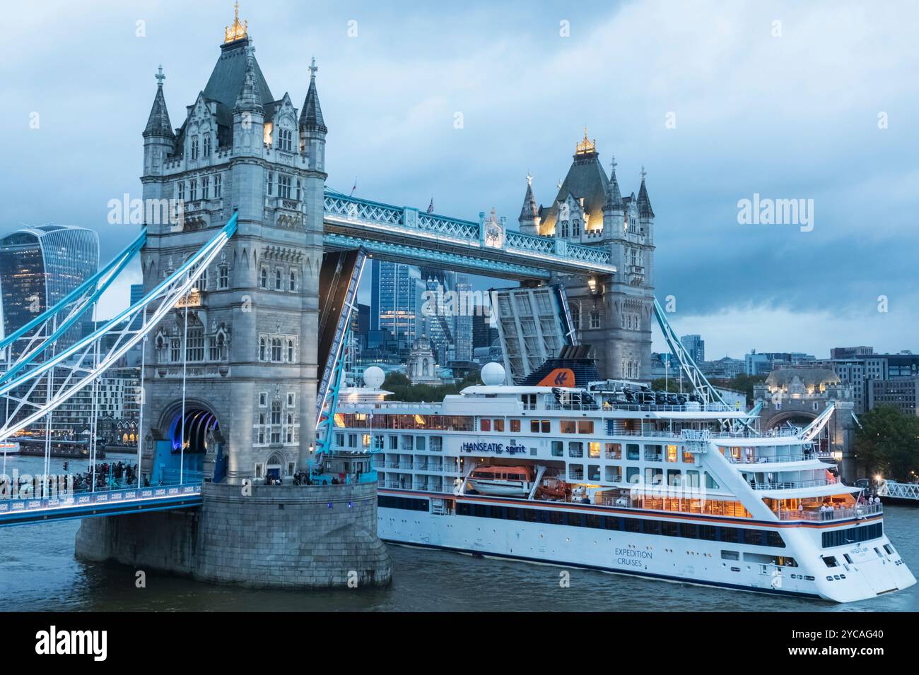 England, London, Cruise Ship Passing Through Open Tower Bridge Stock ...