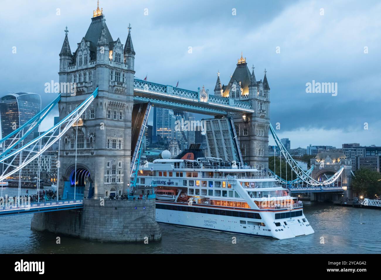 England, London, Cruise Ship Passing Through Open Tower Bridge Stock ...