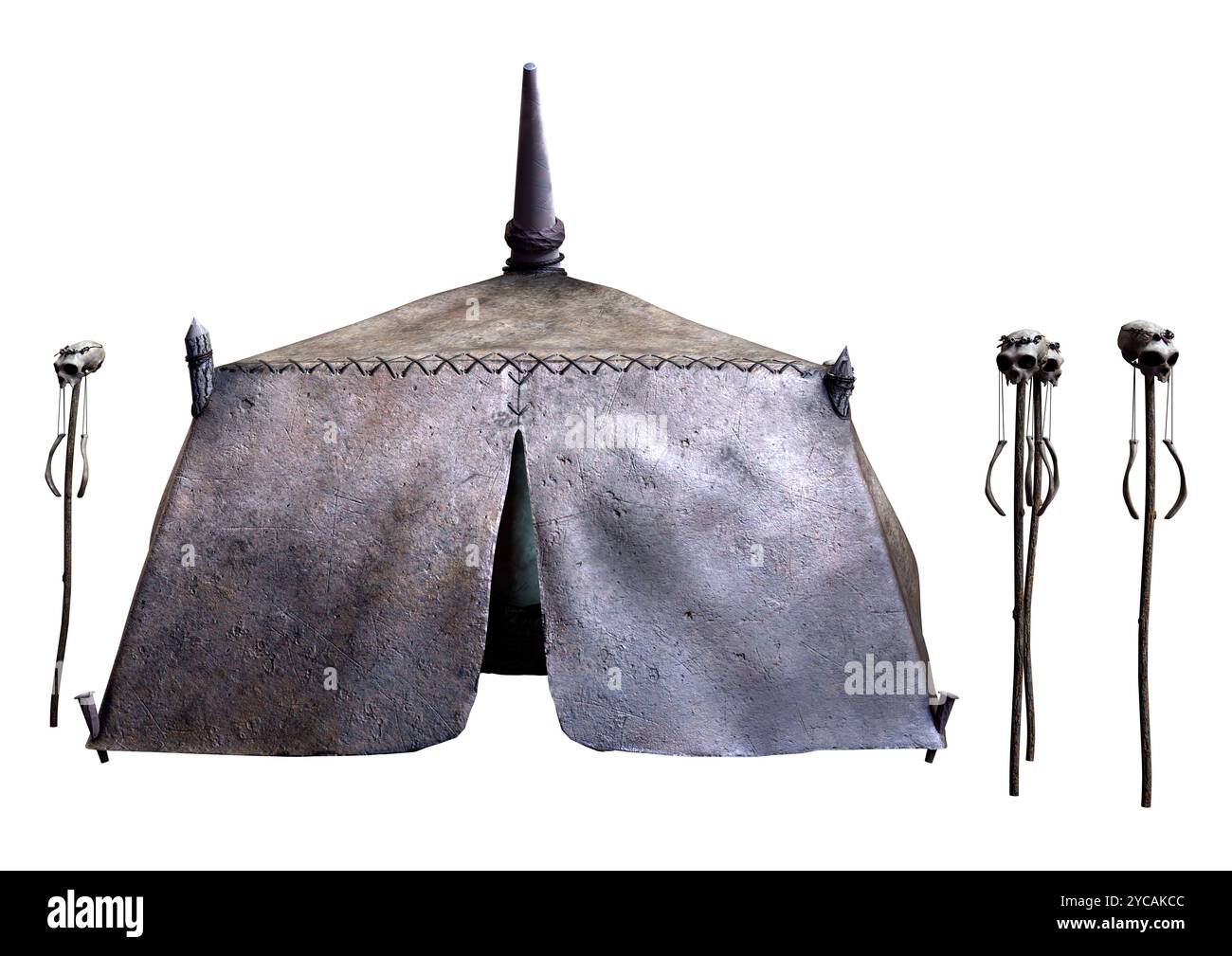 3D rendering of a fantasy hut with pole skulls isolated on white ...
