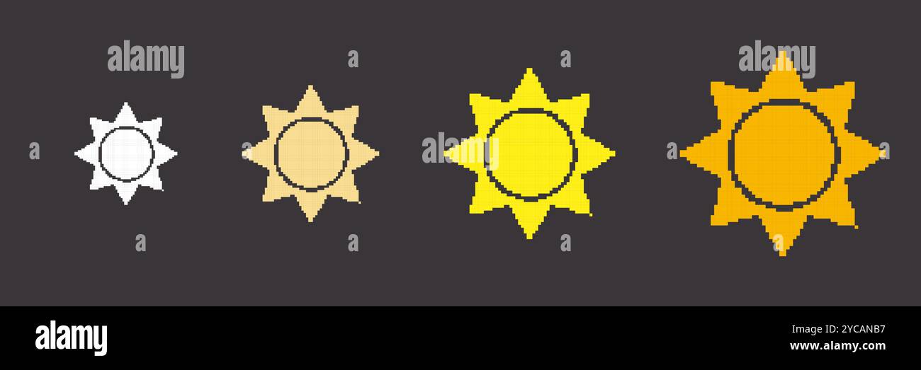 Sun Pixel Art Icon Set. Retro Game Yellow Sun Isolated on Dark ...