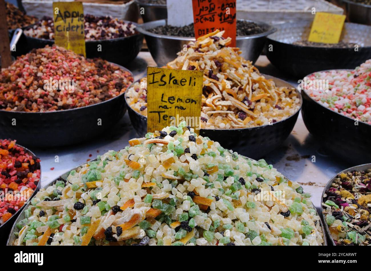 Colorful bins of specialty fruit tea blends in the Machane Yehuda ...