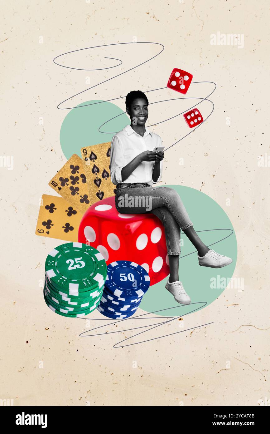 Vertical poster collage young woman dice combination cards chips stack ...