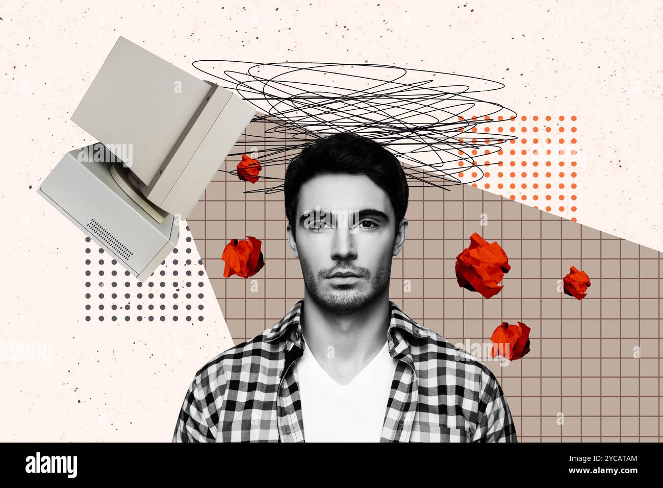 Composite photo collage of sad man it master broke pc monitor crumpled paper propaganda fake ...