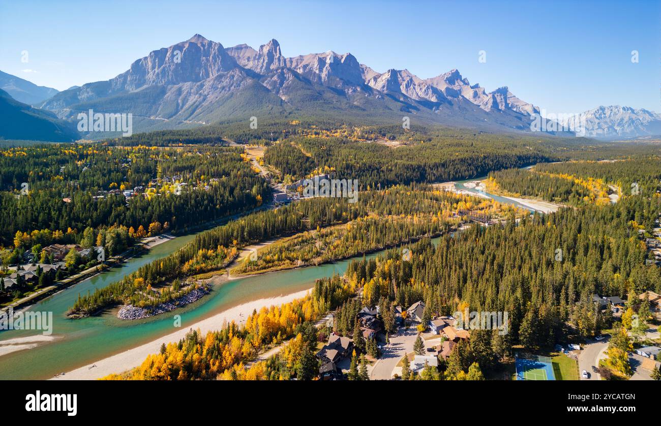 Aerial view of Bow river in autumn. Canmore, Alberta, Canada ...