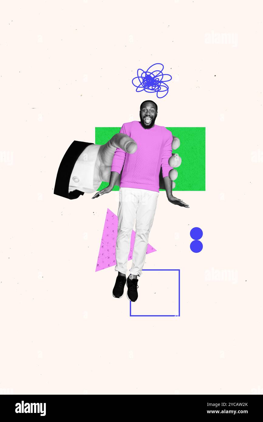 Composite collage picture image of hand hold confused man toy ...