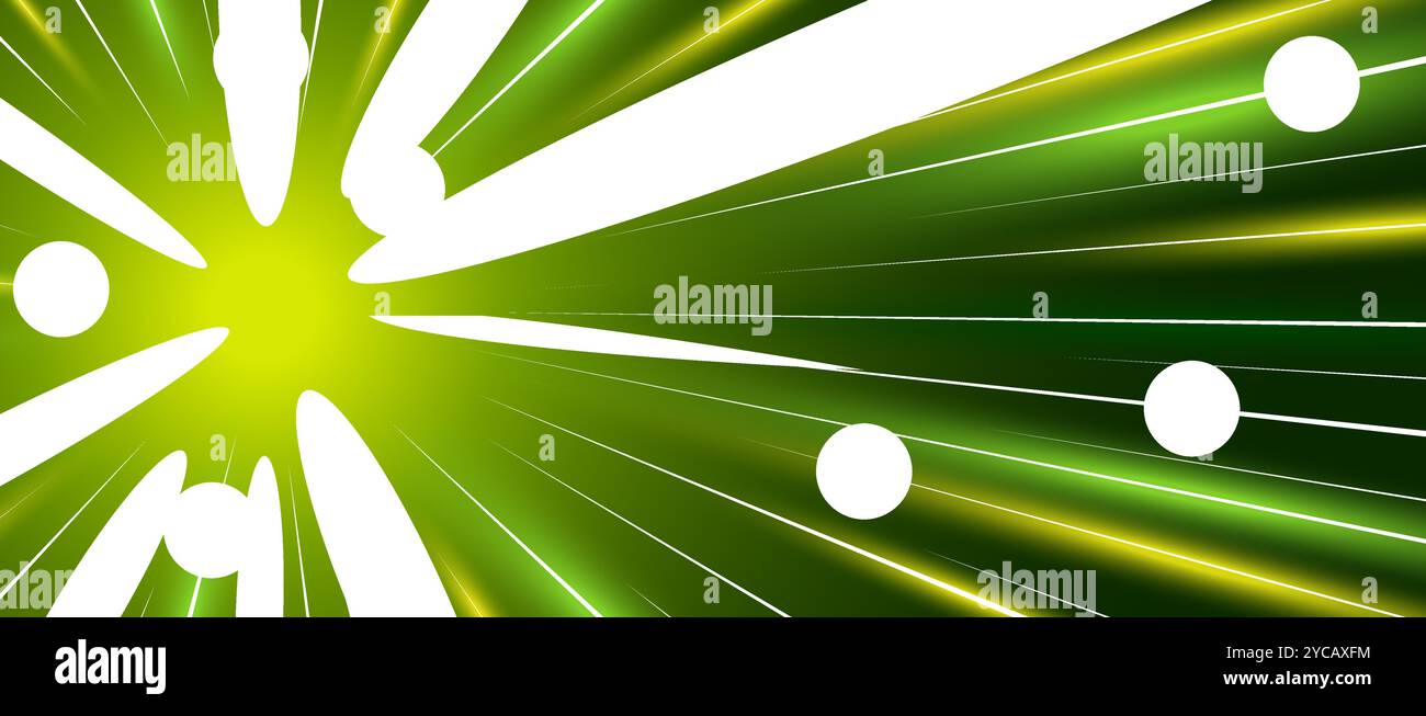 Abstract glowing green energy dynamic light rays. Nuclear electron ...