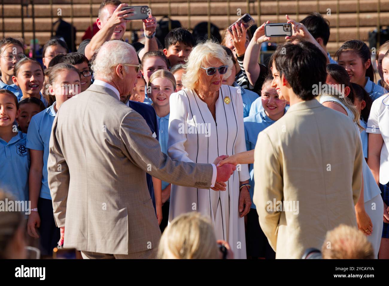 Sydney, Australia. 22nd Oct, 2024. King Charles III shakes hands during Queen Camilla and King ...