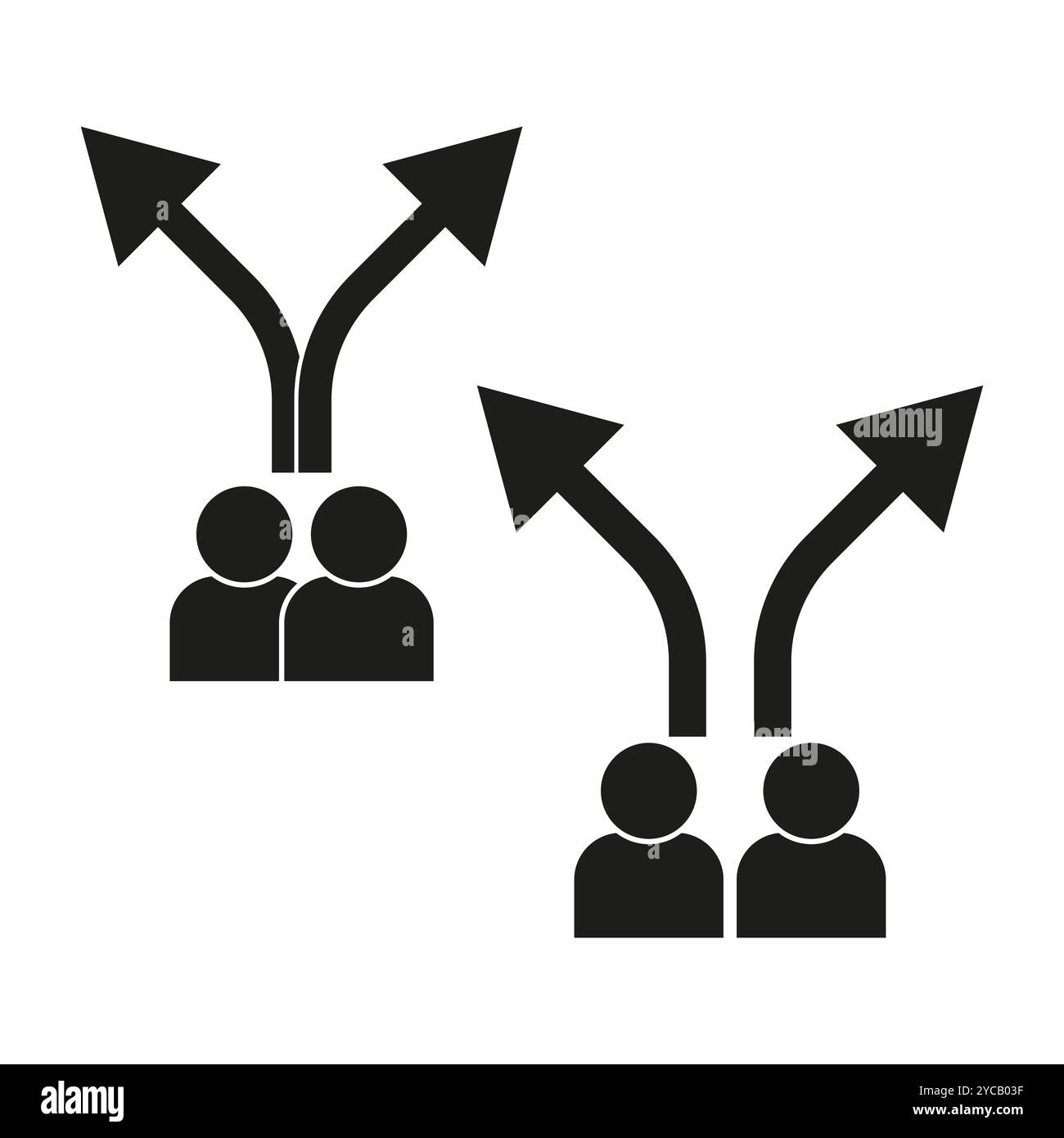 Two groups of people under diverging arrows, symbolizing life or career ...