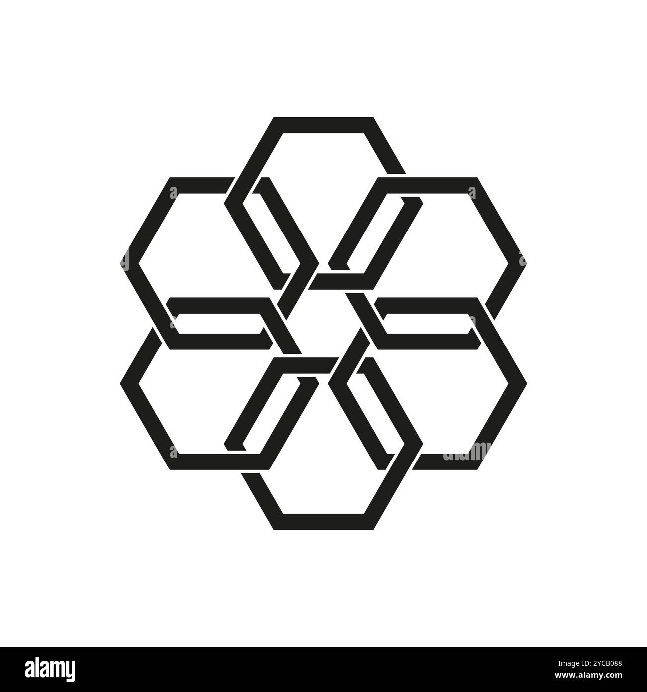 Geometric hexagon pattern. Interlocking shape design. Abstract vector symbol. Black line motif ...