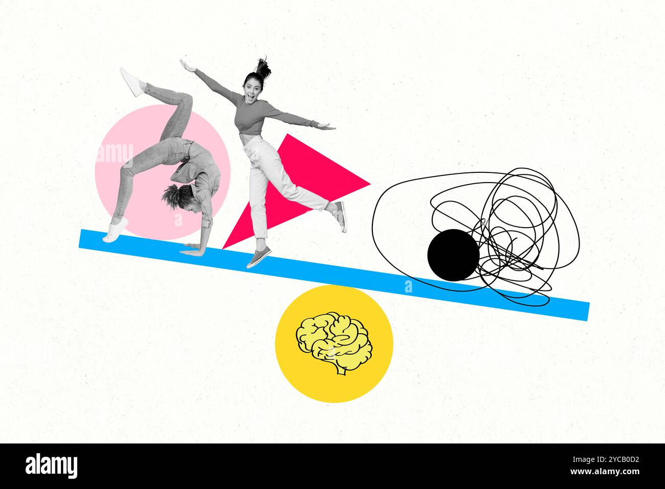 Creative collage picture young woman drawing doodles balance weight ...