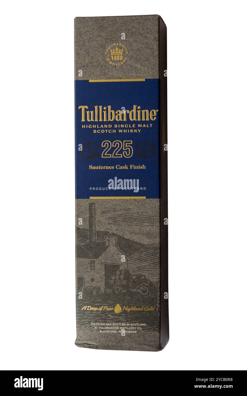 box of Tullibardine Highland Single Malt Scotch Whisky 225 Sauternes Cask Finish isolated on ...