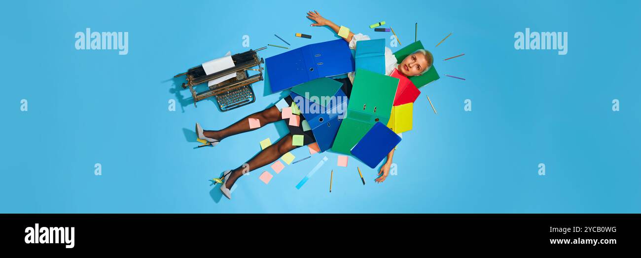 Office overload. Woman lying collapsed under piles of folders, sticky ...