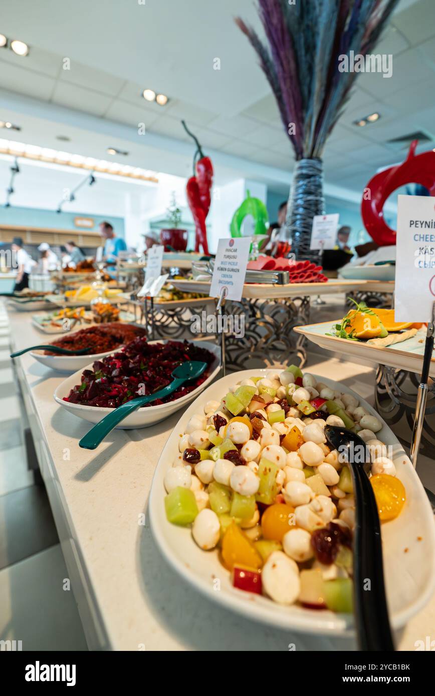 Side, Turkey - 06.06.2024: Variety of salads and meats. All-inclusive ...