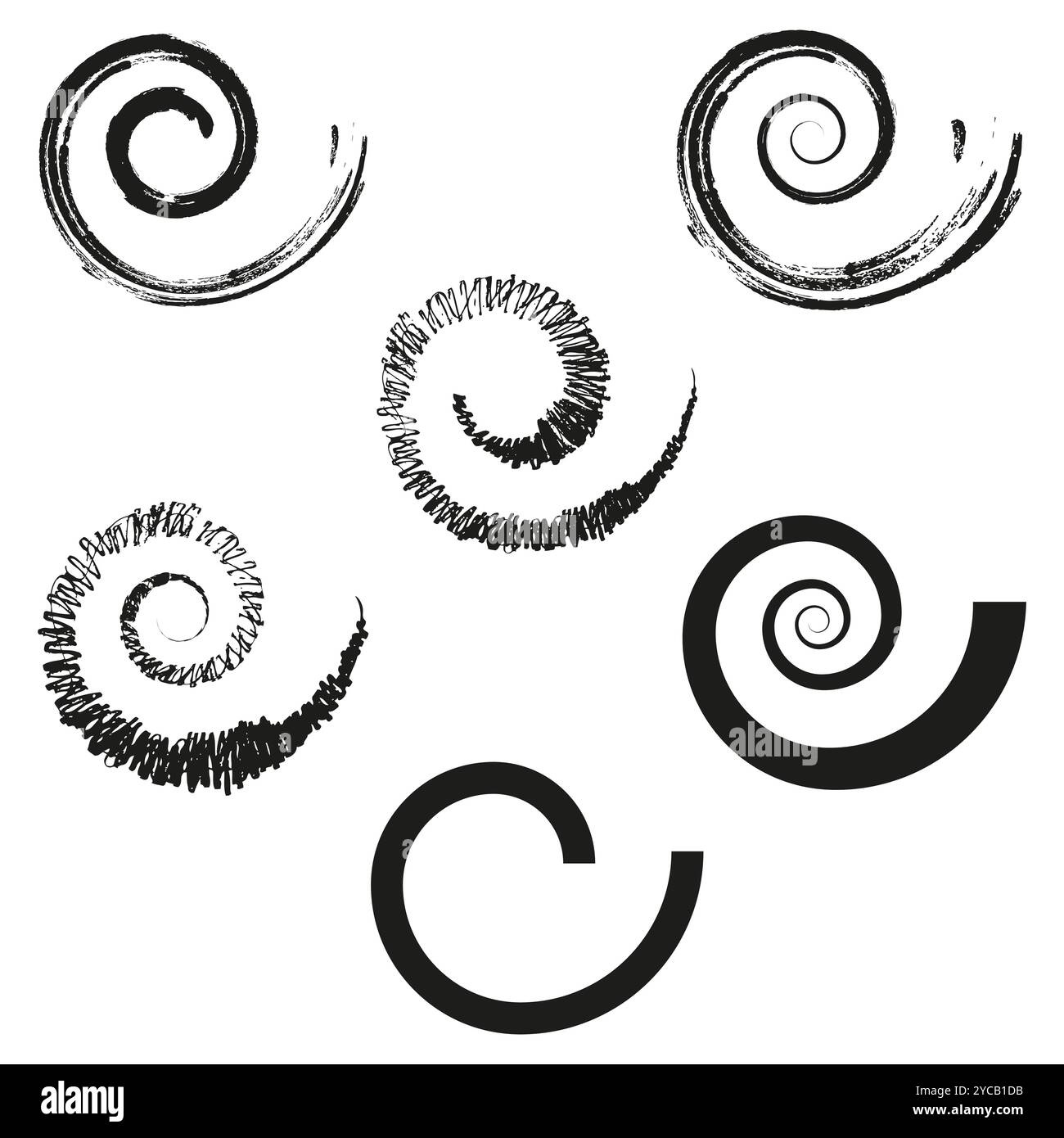 Set of six abstract black spirals, featuring various line thicknesses from hand-drawn scribbles ...