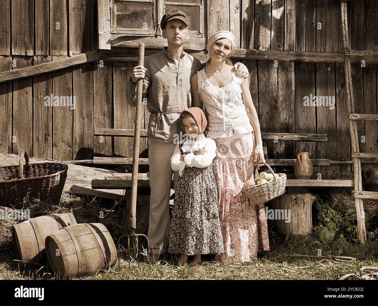Retro styled family portrait. Monochrome, grunge textures, intentional ...