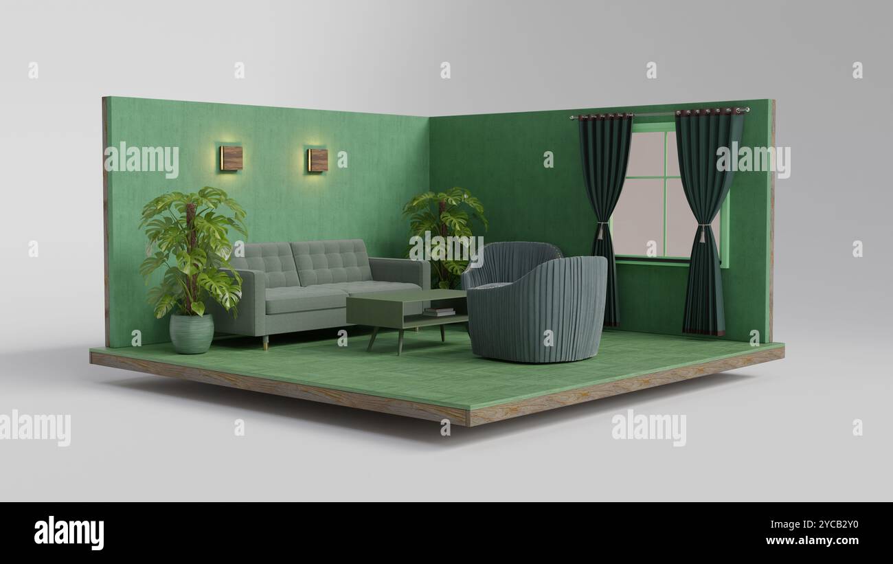 3D model of modern green living room interior with plants and sofa ...