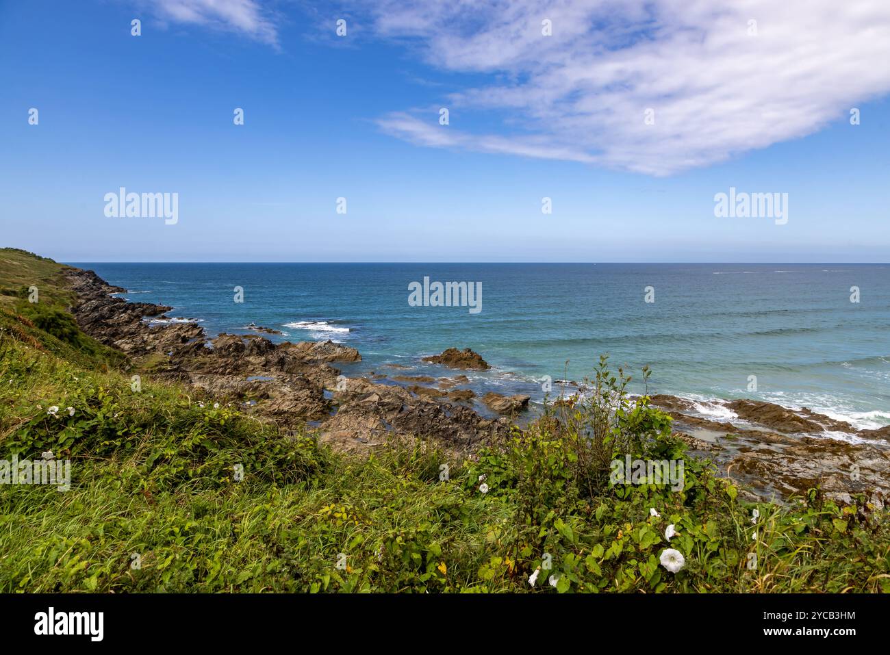 The rugged coastline along from Fistral Bay on the Cornish coast, with ...