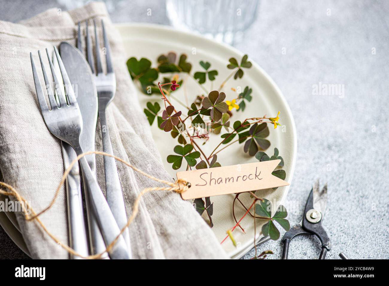 Top view of an elegant table setting featuring a white plate adorned ...