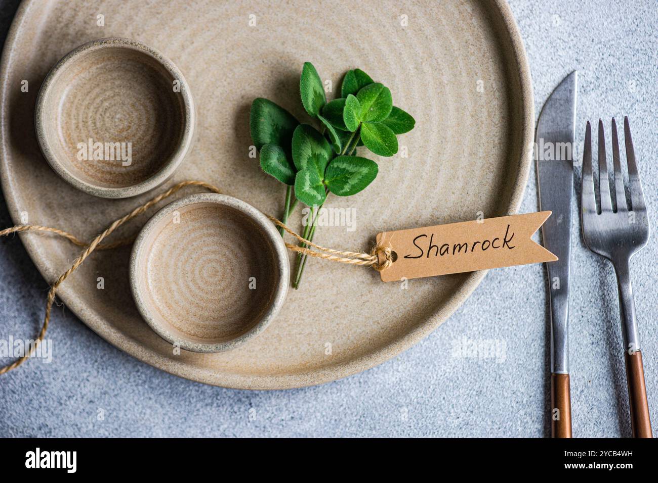 Top view of a charming shamrock-themed table setting, featuring a ...