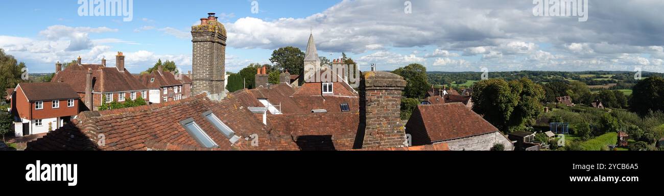 View over village of Burwash and St Bartholomew's Church and High Weald ...