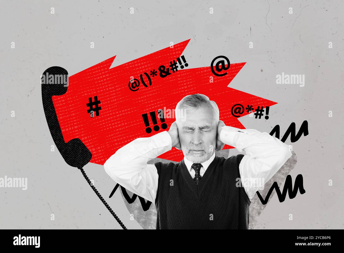 Composite photo collage of unhappy old man dispatcher worker telephone ...