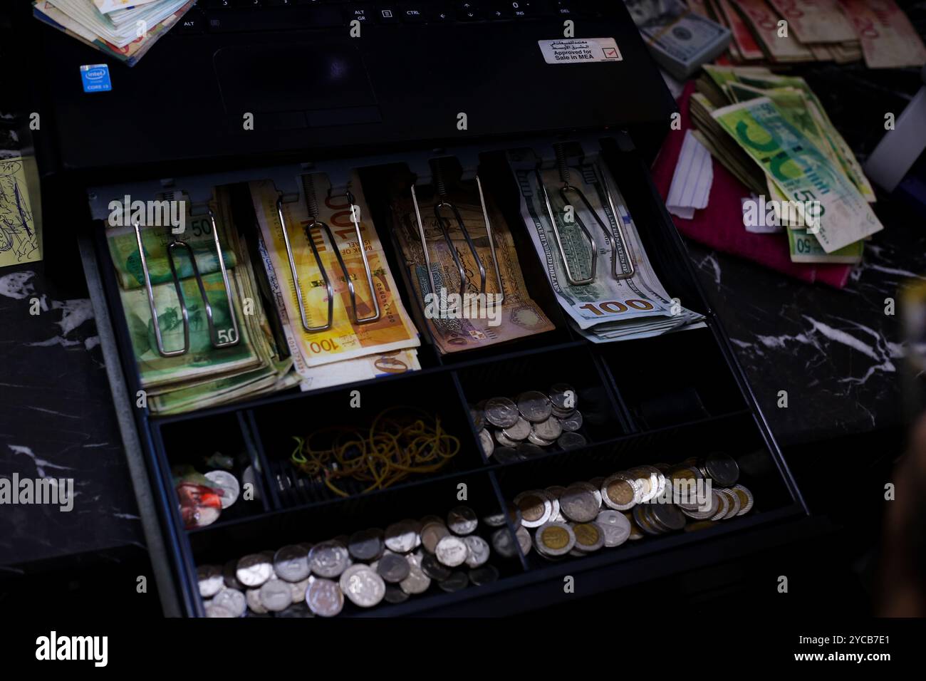 Gaza, Palestine. Different denominations of the Israeli New Shekel, the ...