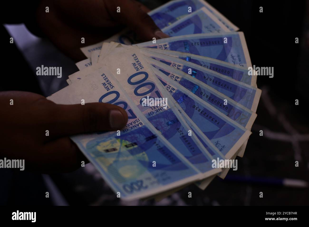 Gaza, Palestine. Israeli new shekel banknotes in different ...