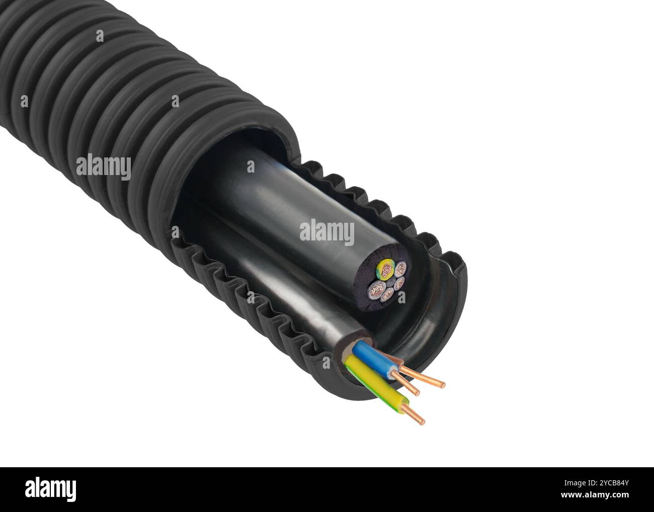 Black Corrugated Protective Conduit with Electrical Wires Stock Photo ...