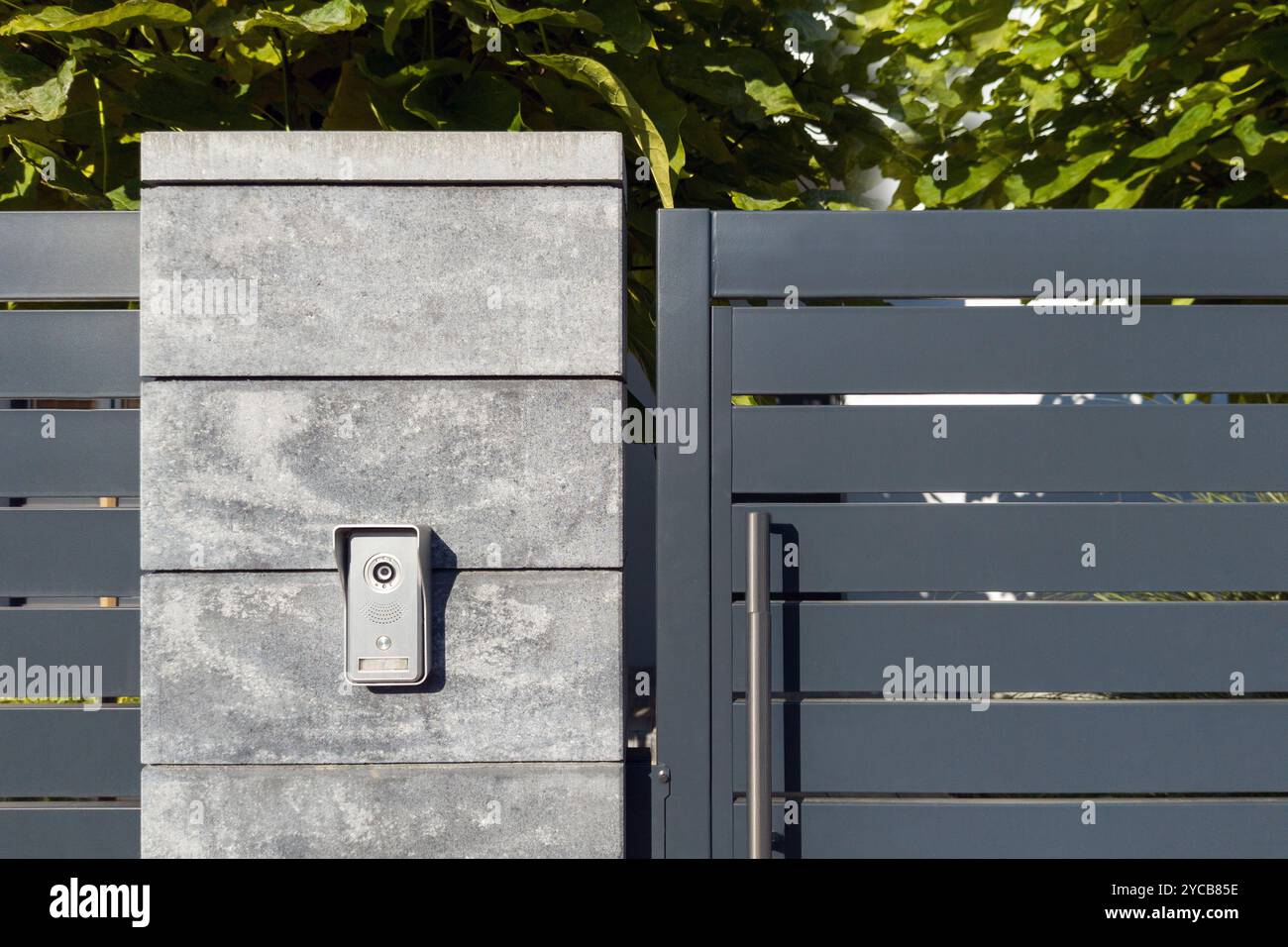 Modern Metal Gate with Intercom on Concrete Pillar Stock Photo - Alamy
