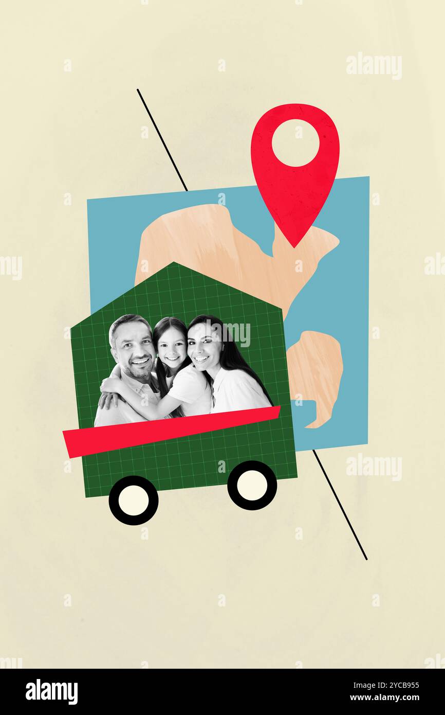 Vertical photo collage of happy family girl guy kid relocation home map ...