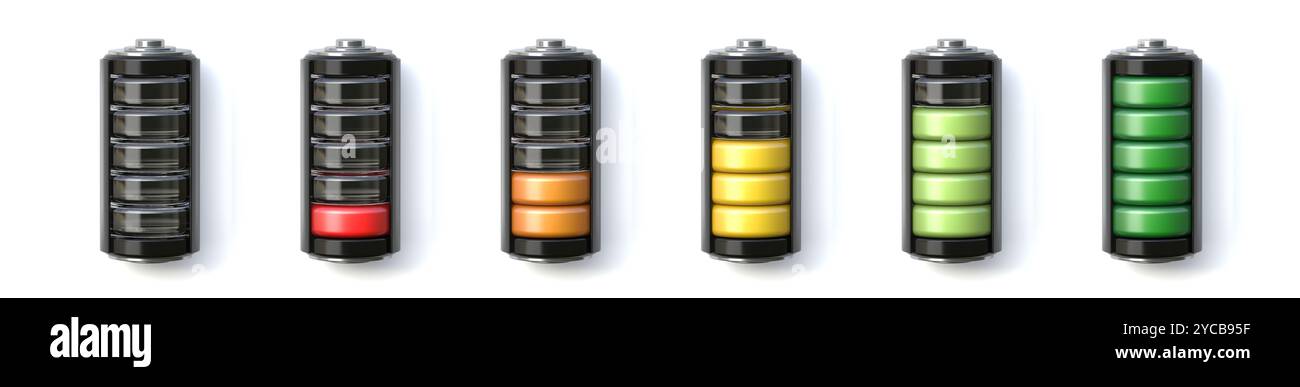 Set of battery charge indicators with charge levels 3D rendering ...