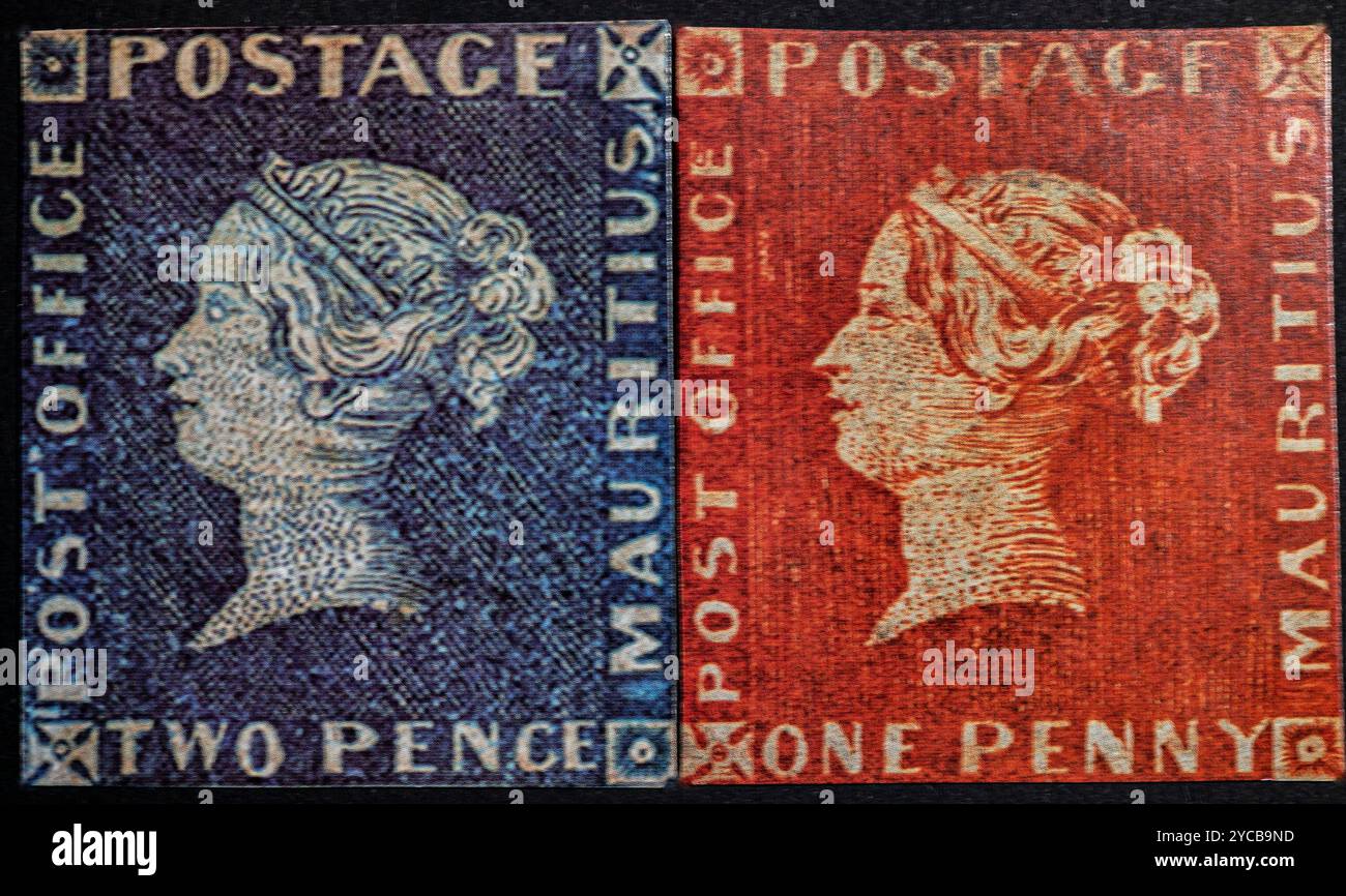 Orange and blue Mauritius, postage stamp, Blue Penny Museum, Caudan ...