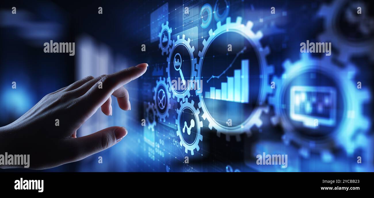 Big Data analysis, Business process analytics diagrams with gears and icons on virtual screen ...