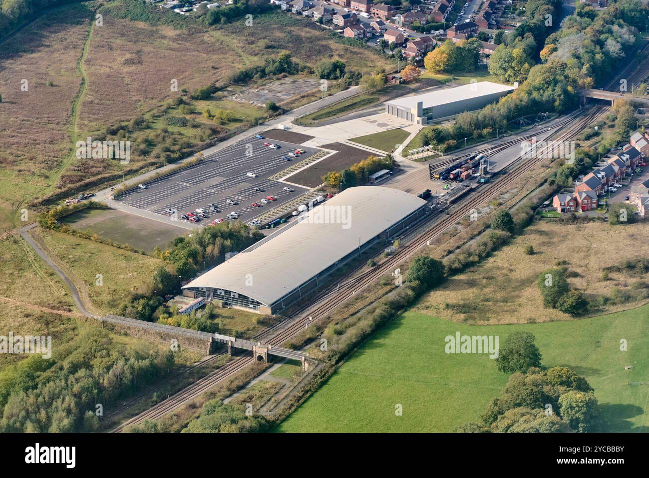 A drone shot of Locomotion Railway Museum, at Shildon, County Durham ...