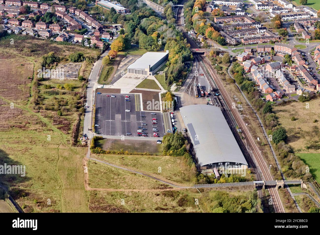 A drone shot of Locomotion Railway Museum, at Shildon, County Durham ...