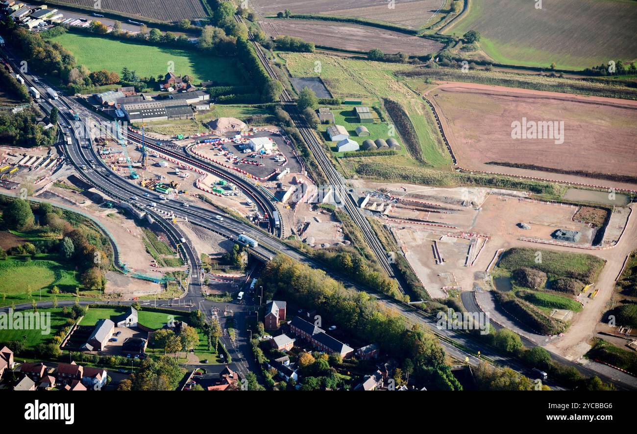 A Drone shot of HS2 works crossing the A38 trunk road at Lichfield ...