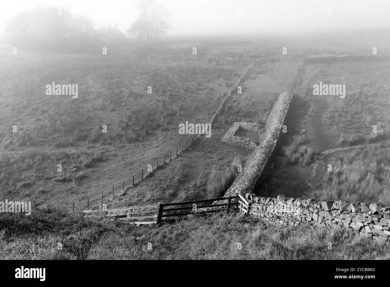 Hadrian's wall along the ridge of Peel crags flanked by moorland and ...