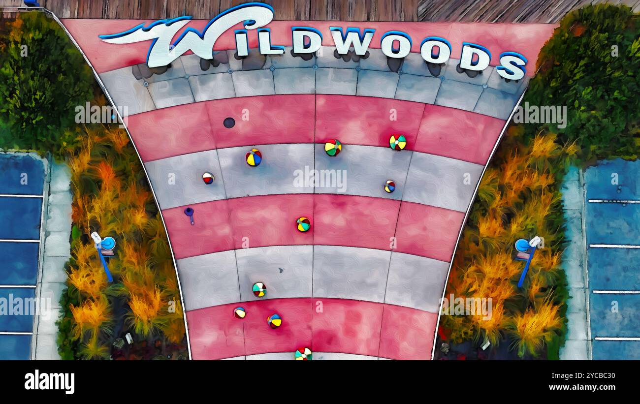 Painting of aerial view of Wildwoods Sign and large beach balls in ...