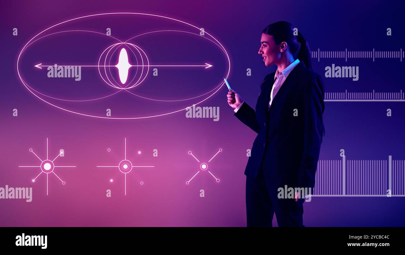 Professional speaker presenting in front of colorful data graph ...
