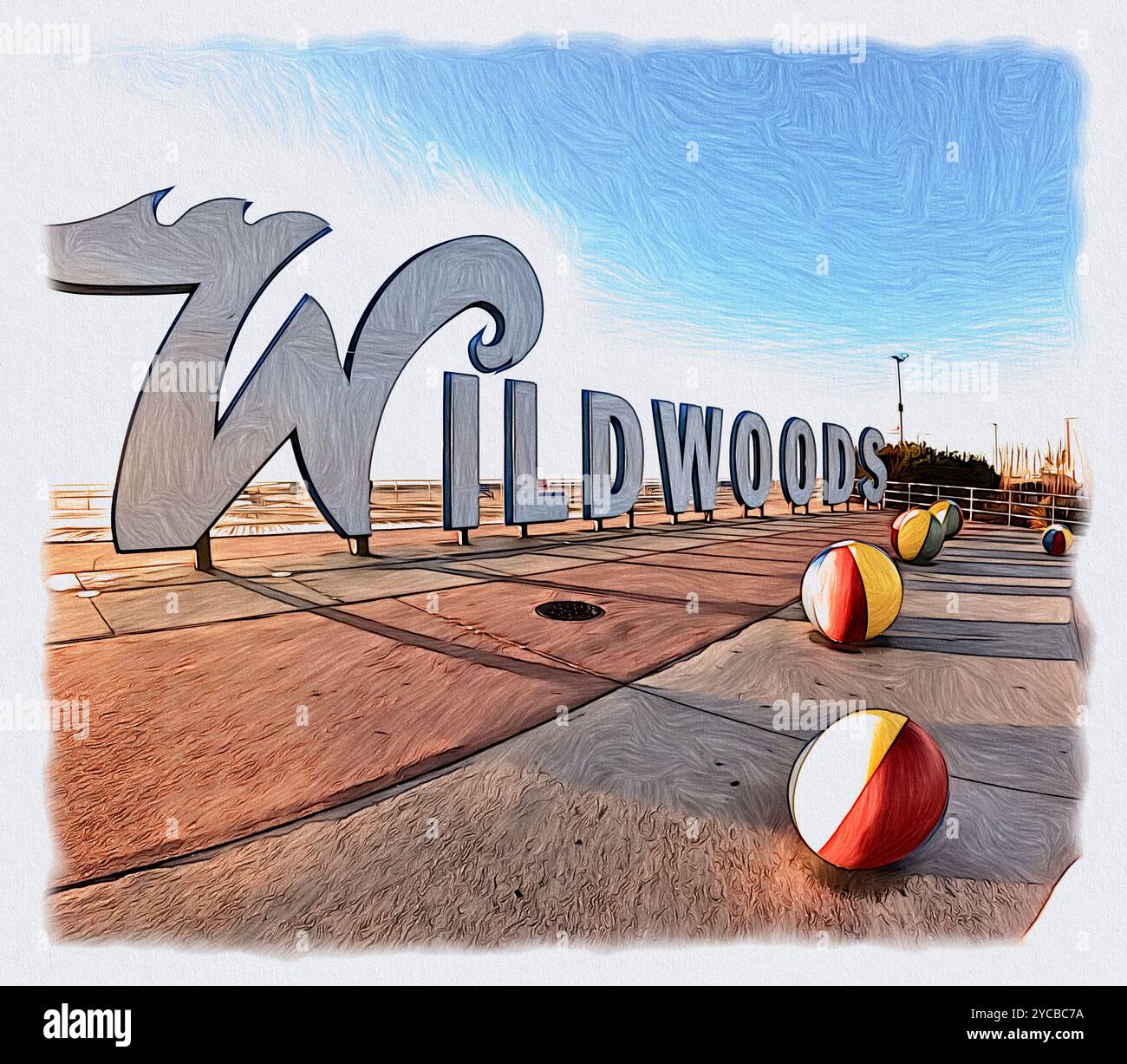 Watercolor painting of the Wildwoods sign and concrete beach balls in ...